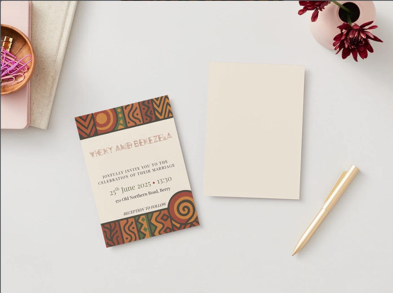 African Wedding Invitation & Details Card | Tribal Canva Template ...