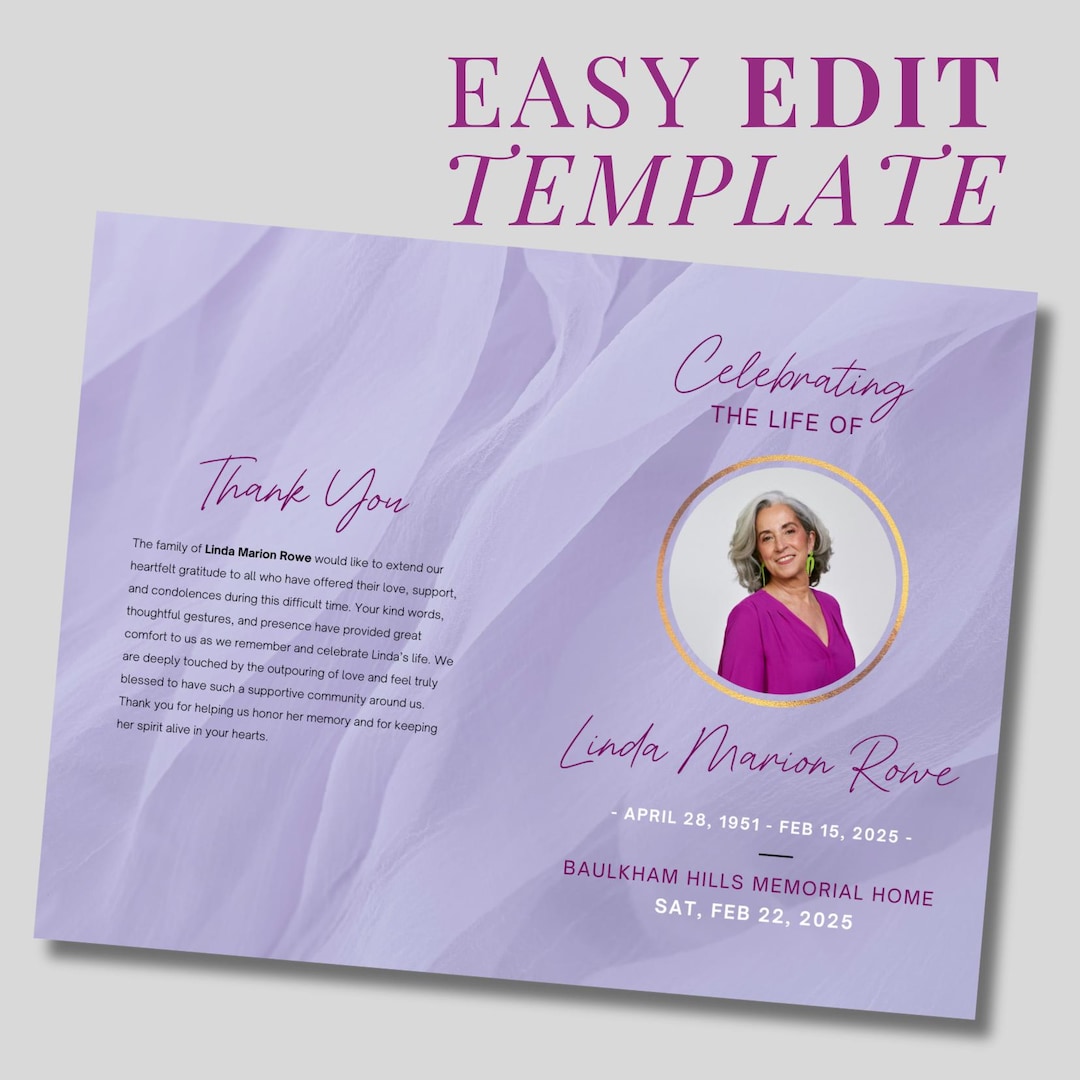 Peaceful Lilac Funeral Program Template | Editable Canva Obituary ...