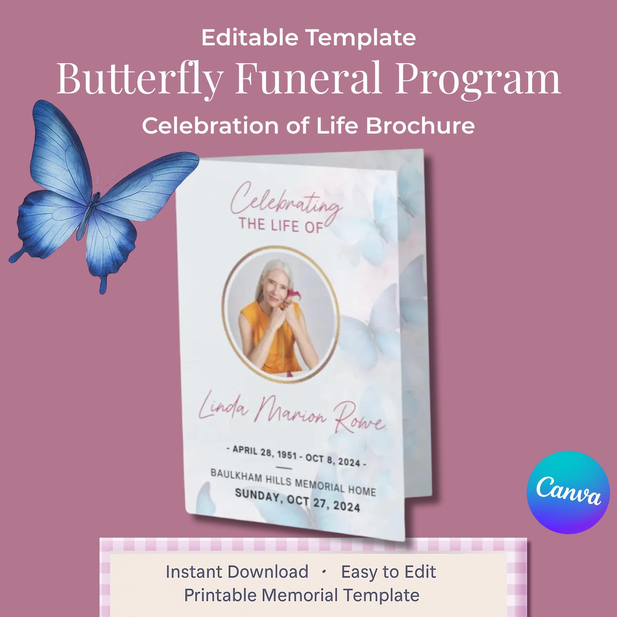 Editable Butterfly Funeral Program Template Celebrating the Life of ...