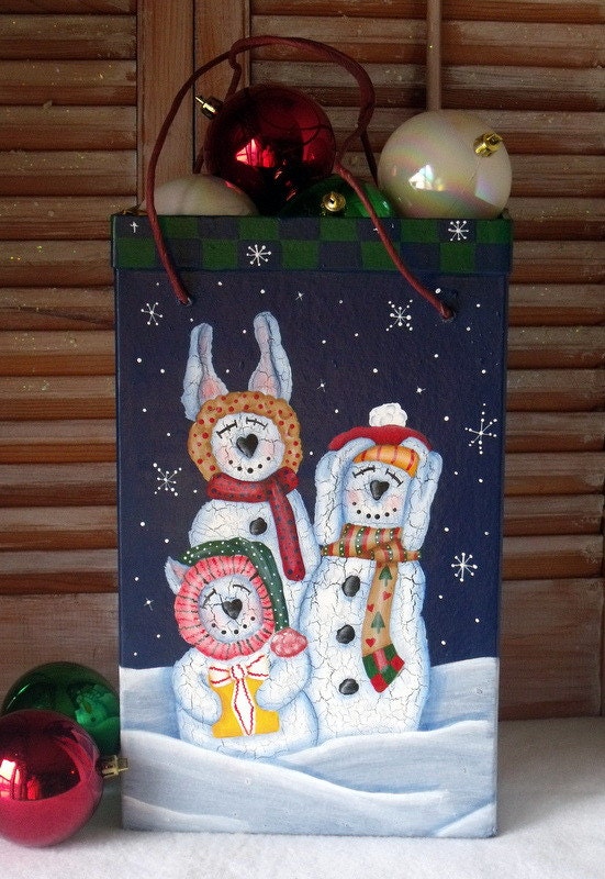 Hand Painted snow Buddies Christmas Box Tote Primitive Whimsical Folk ...