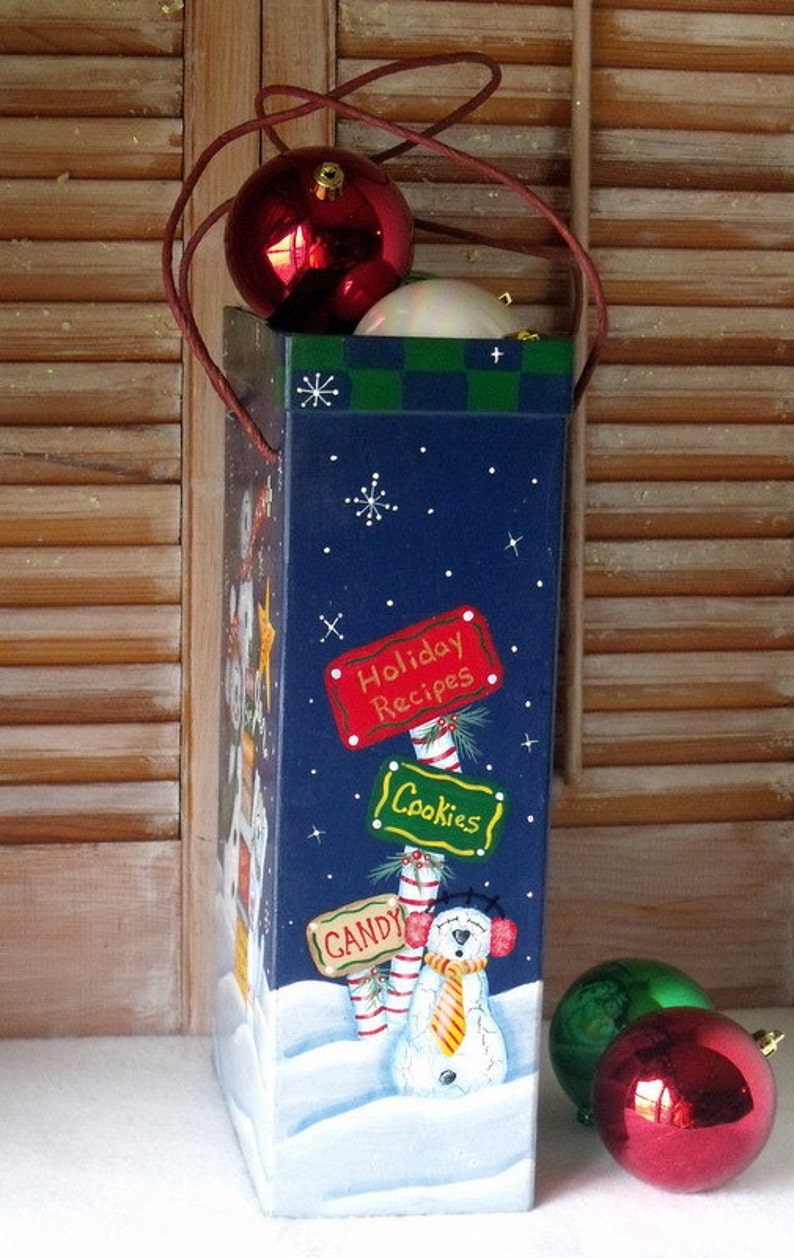Hand Painted snow Buddies Christmas Box Tote Primitive Whimsical Folk ...