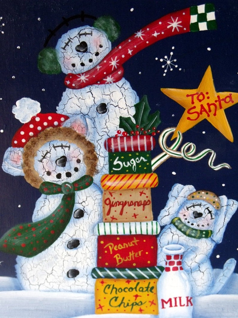 Hand Painted snow Buddies Christmas Box Tote Primitive Whimsical Folk ...