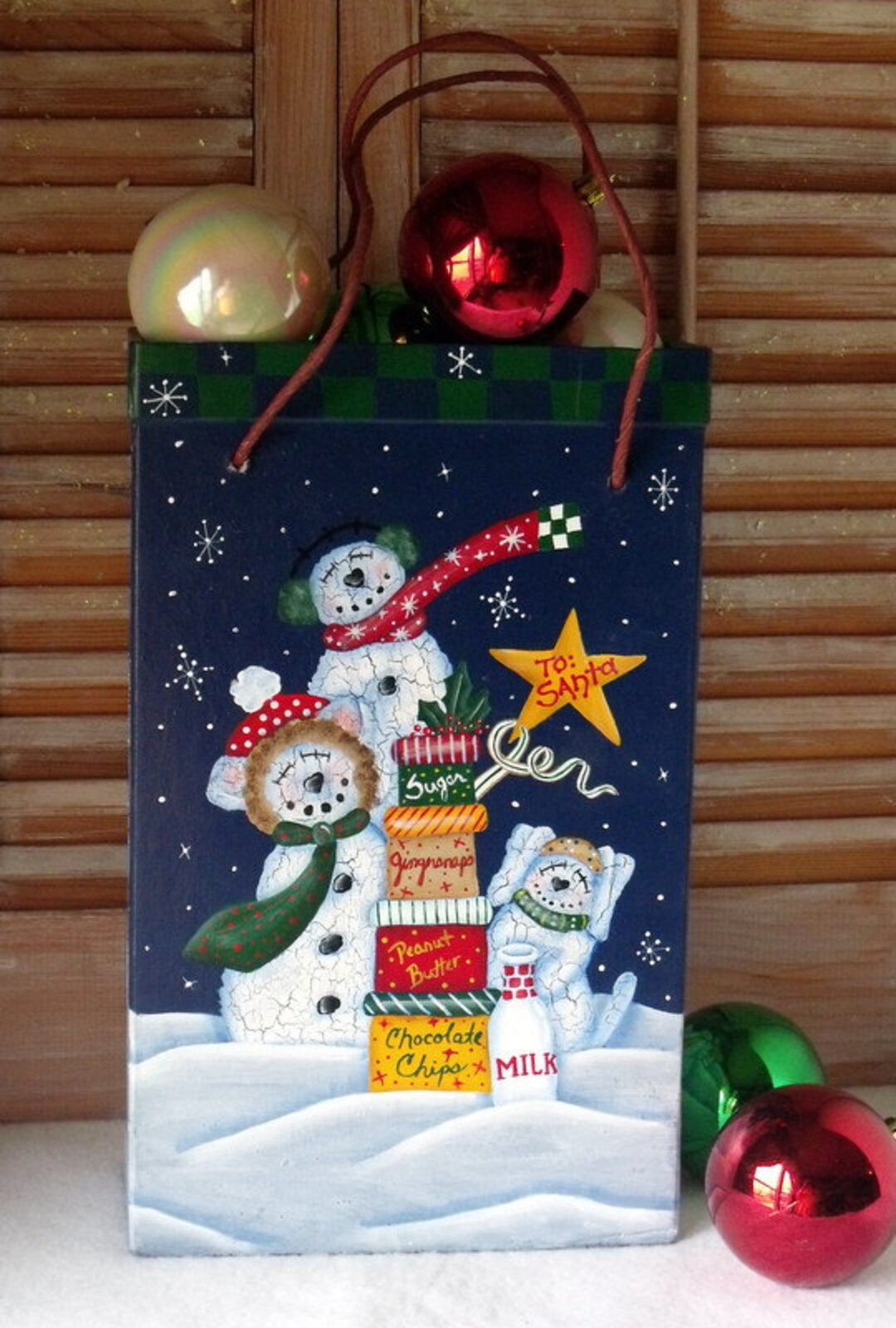 Hand Painted snow Buddies Christmas Box Tote Primitive Whimsical Folk ...