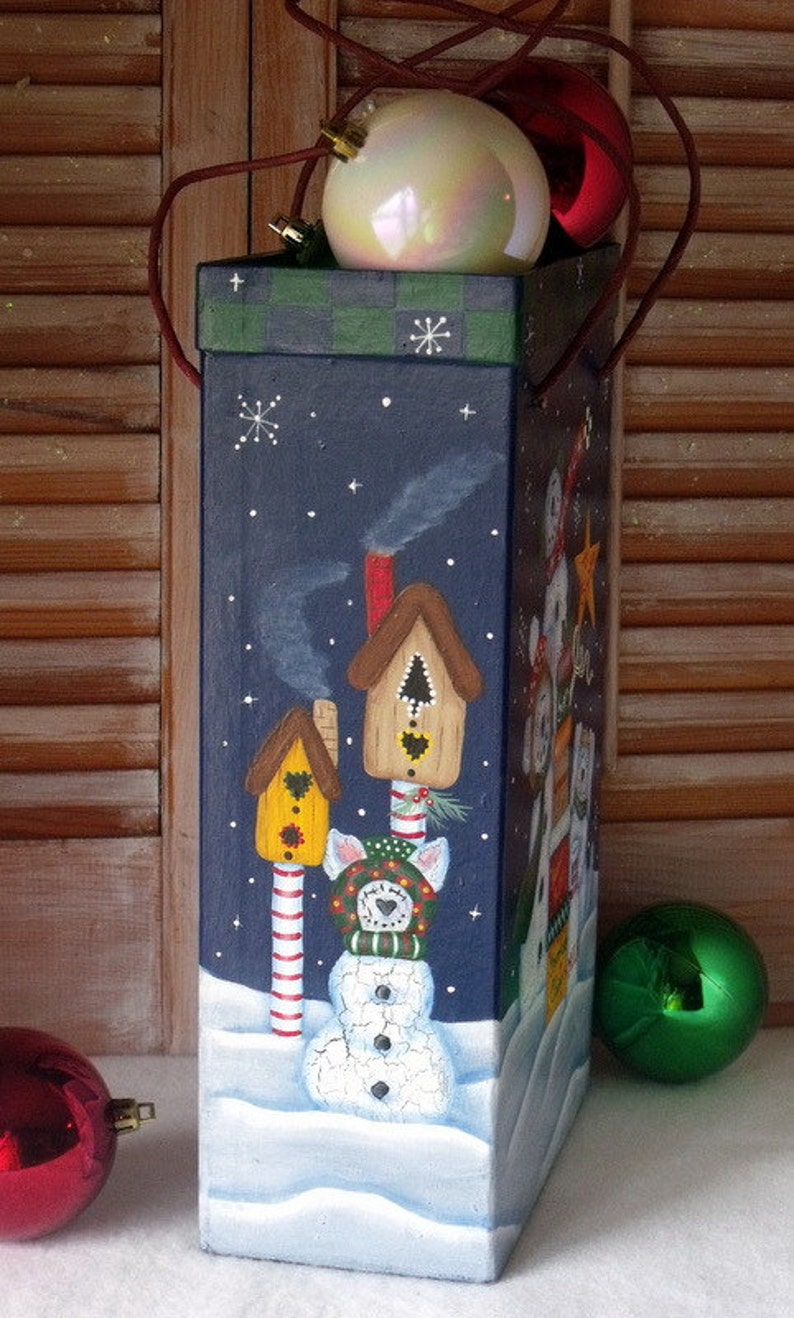 Hand Painted snow Buddies Christmas Box Tote Primitive Whimsical Folk ...