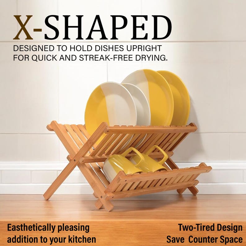 Bamboo Wooden Dish Drying Rack 2-tier Foldable Plate With Utensil ...