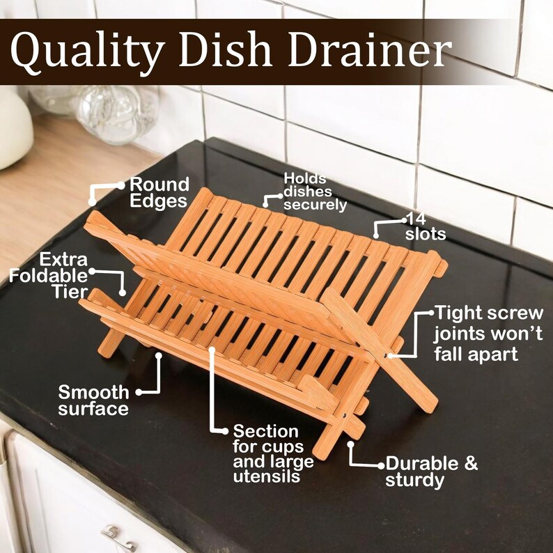 Bamboo Wooden Dish Drying Rack 2-tier Foldable Plate With Utensil ...