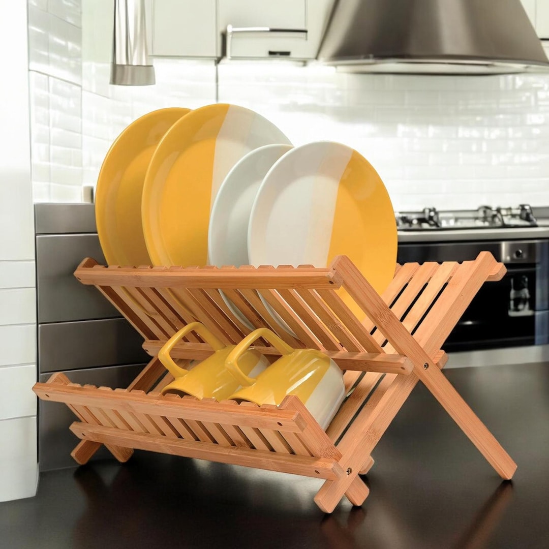 Bamboo Wooden Dish Drying Rack 2-tier Foldable Plate With Utensil ...