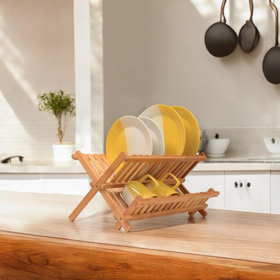 Bamboo Wooden Dish Drying Rack 2-tier Foldable Plate With Utensil ...