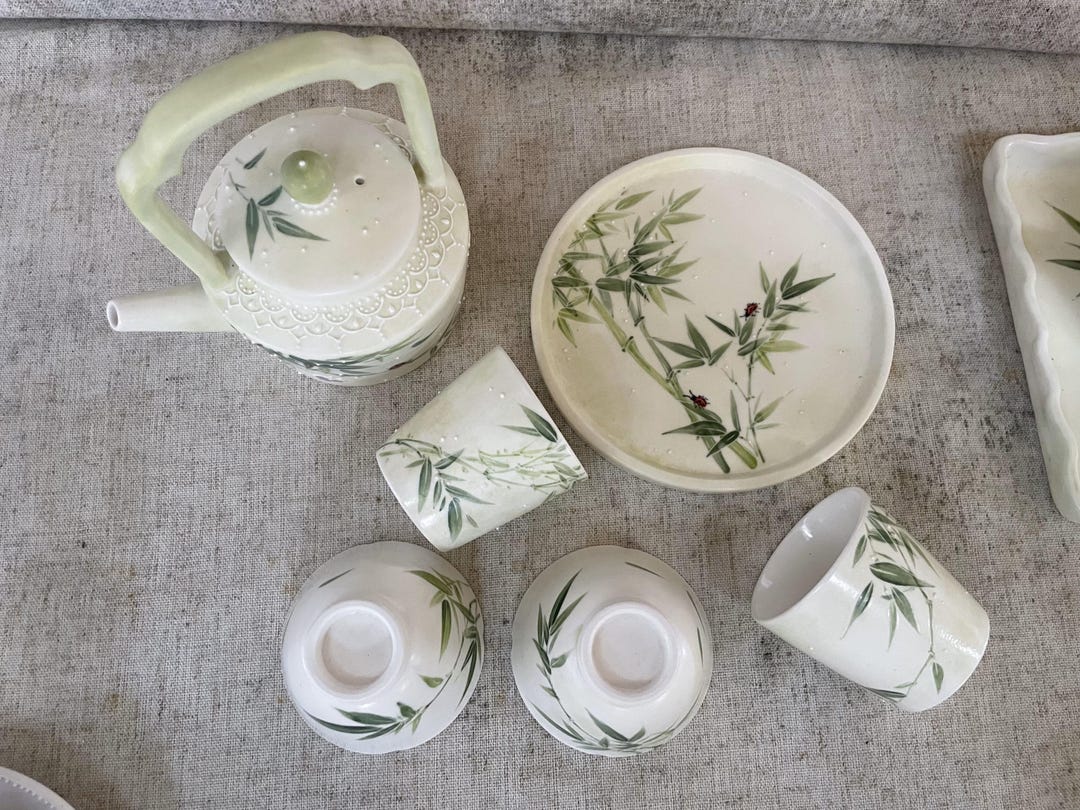 Bamboo Whisper - Embossment Brew Tea Pot, Cup & Plate Set, Handpainted ...