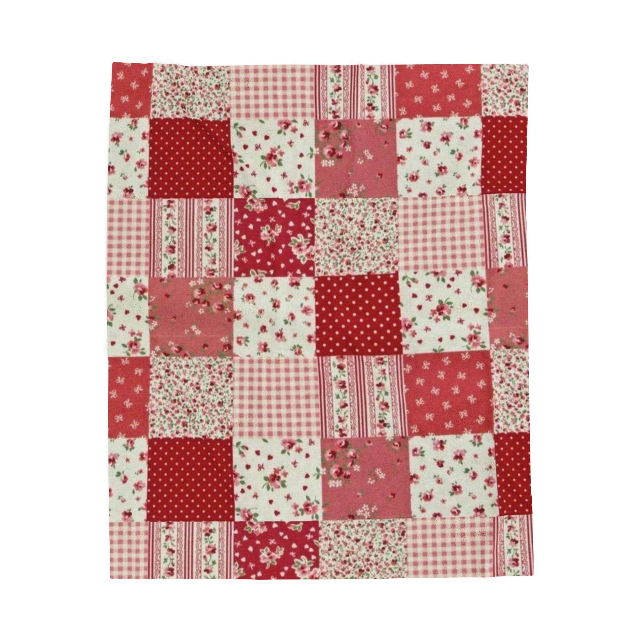 Red Patchwork Floral Velveteen Plush Blanket Cottagecore Quilt Pattern ...