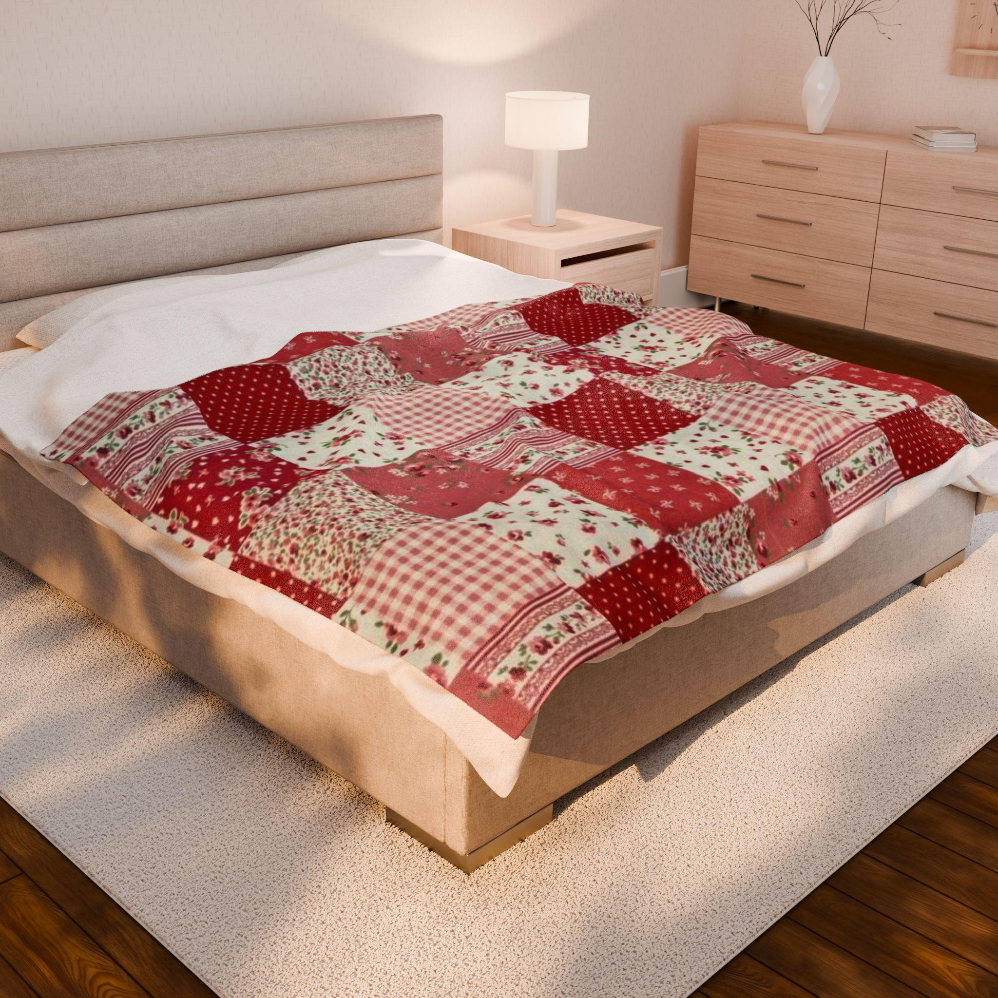 Red Patchwork Floral Velveteen Plush Blanket Cottagecore Quilt Pattern ...