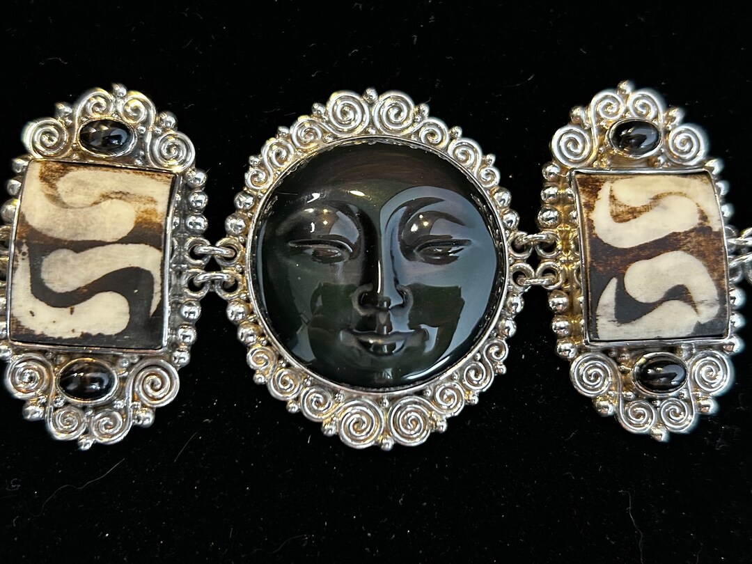 Rainbow Obsidian Moon Face Bracelet With Bone Accents Solid 925 ...