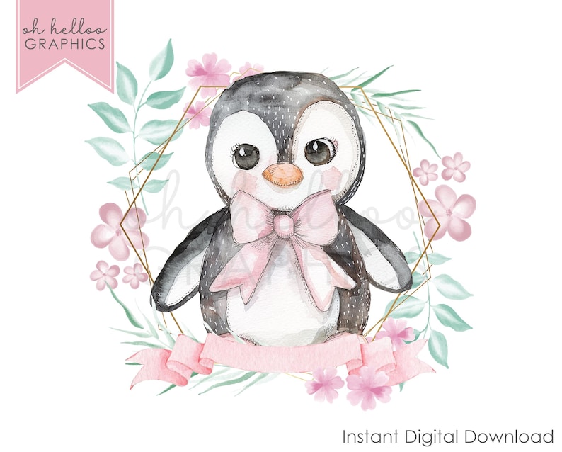 Pink Penguin Clipart, Floral Wreath, Girls Pyjama Design (digital ...