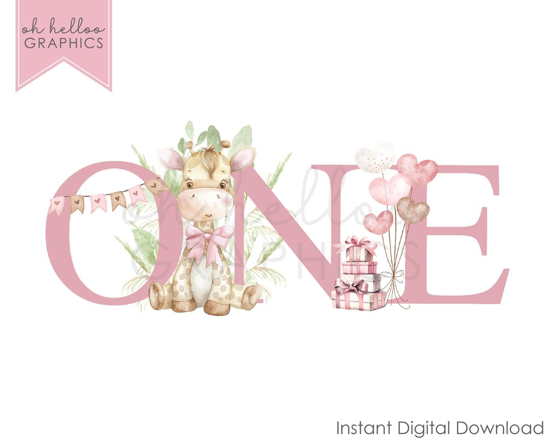 Pink Giraffe Safari 1st Birthday PNG Clipart One Sublimation Image ...