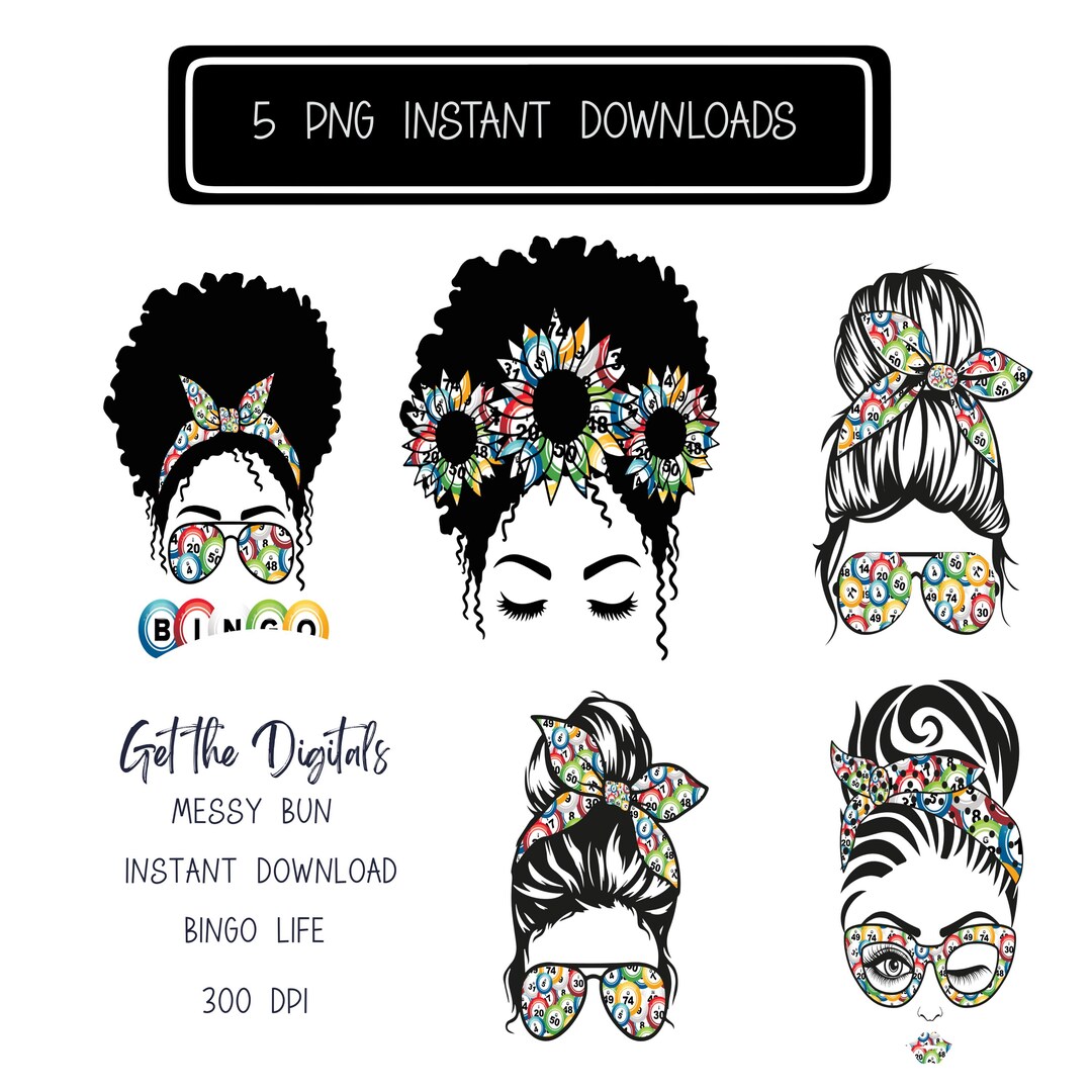 5 Pack Messy Bun Bingo Png Sublimation Design Download, Bingo Game Png ...