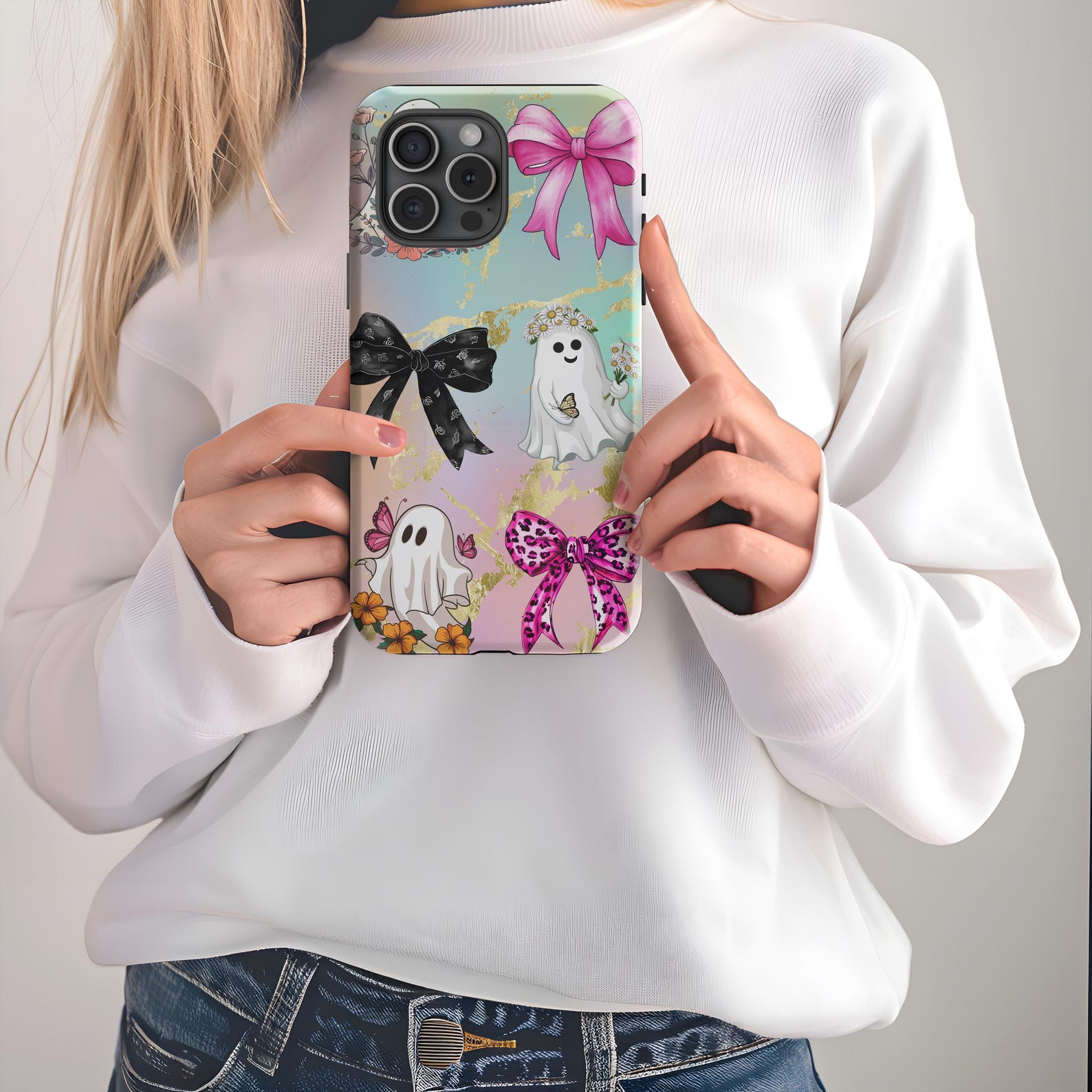 Cute Flowers and Ghost Phone Case, Rainbow Halloween for iPhone 15 Pro ...