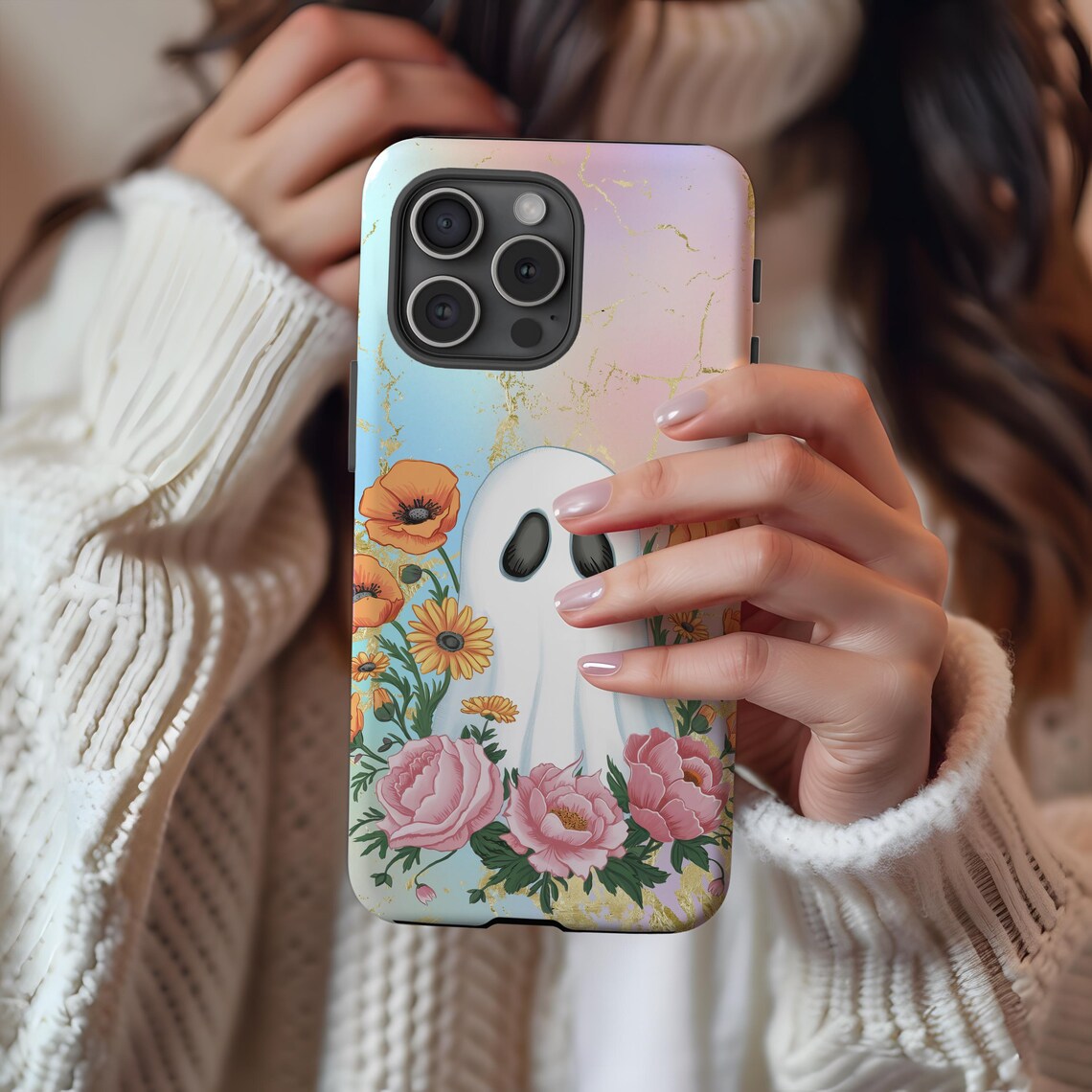 Cute Flowers and Ghost Phone Case, Rainbow Halloween for iPhone 15 Pro ...