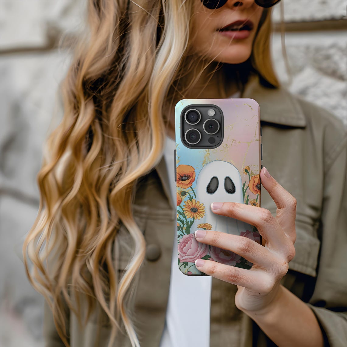 Cute Flowers and Ghost Phone Case, Rainbow Halloween for iPhone 15 Pro ...