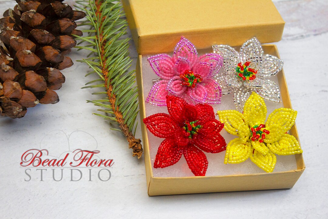 French Beaded Poinsettia Brooch Pin - Etsy