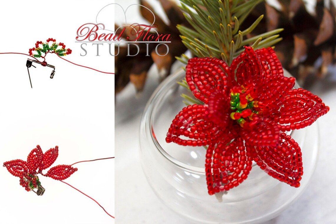 French Beaded Poinsettia Brooch Pin - Etsy