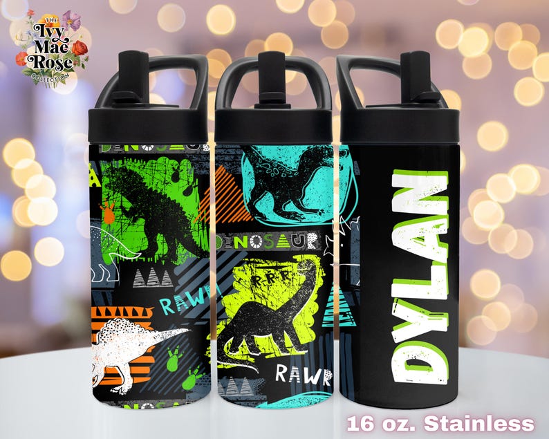 Custom Dinosaur 16 Oz Stainless Steel Water Bottle Fun Dinosaur Design ...