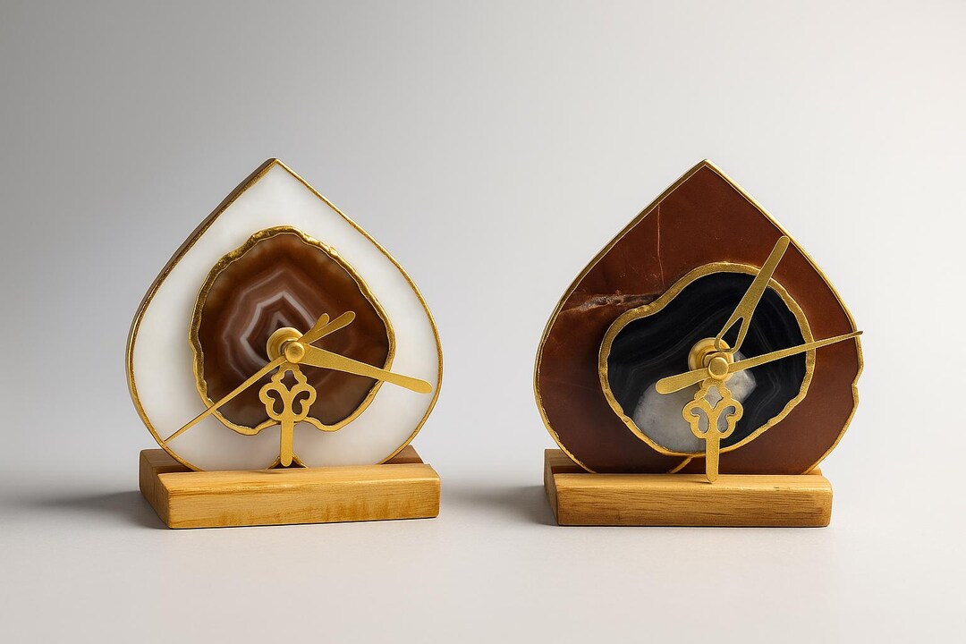 Handcrafted Agate Stone Desk Clock With Wooden Stand – Pink & Purple ...
