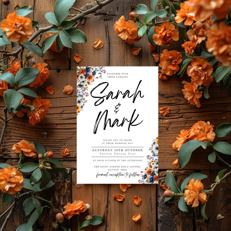 Navy Burnt Orange Wedding Invitation Template, Terracotta Navy Blue ...