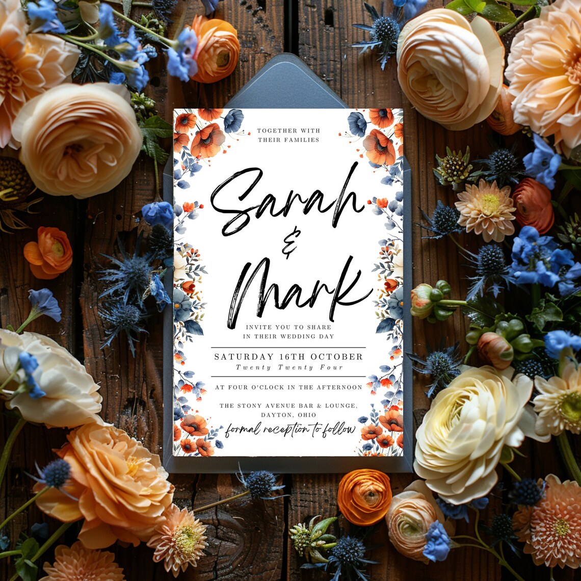 Navy Blue Burnt Orange Wedding Invitation Template, Terracotta Navy ...