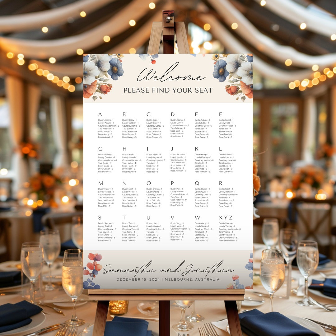 Wedding Seating Chart Template, 3 Sizes, Burnt Orange Navy Wedding ...