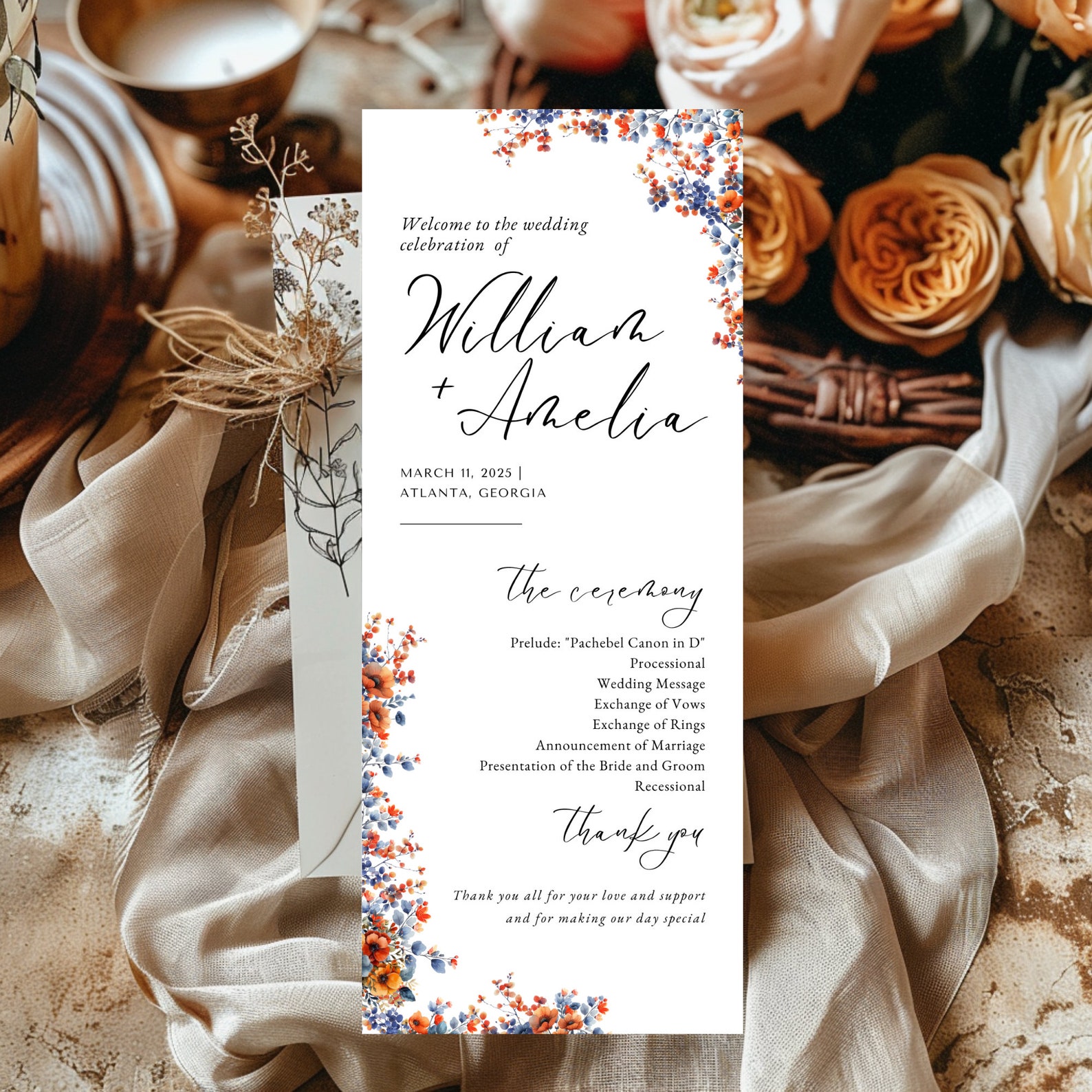 Editable Floral Wedding Program Template, CANVA, Easy-to-edit Burnt ...