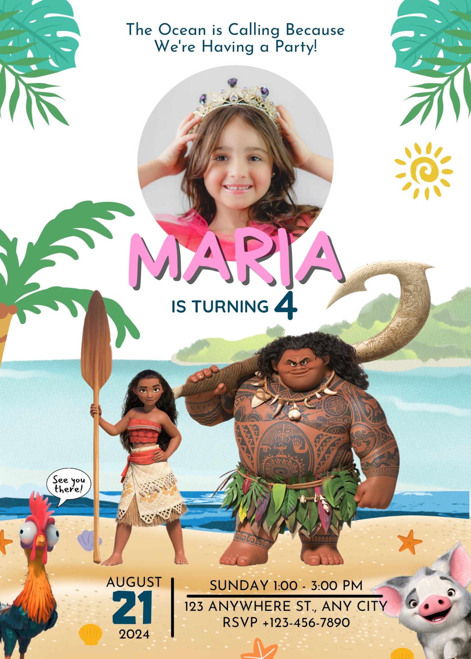 Printable Moana Birthday Invitation Card for Kids Party Editable Moana ...