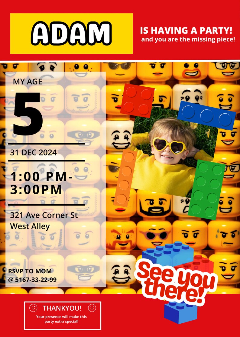 Printable Lego Birthday Invitation Card Editable Digital Template Kids ...
