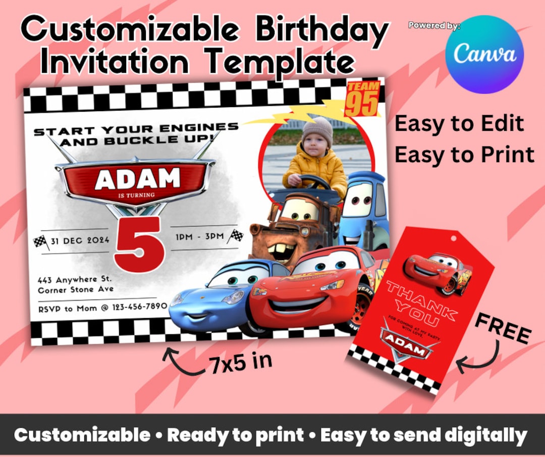 Editable Disney Cars Digital Invitation for Kids Lightning Mcqueen ...
