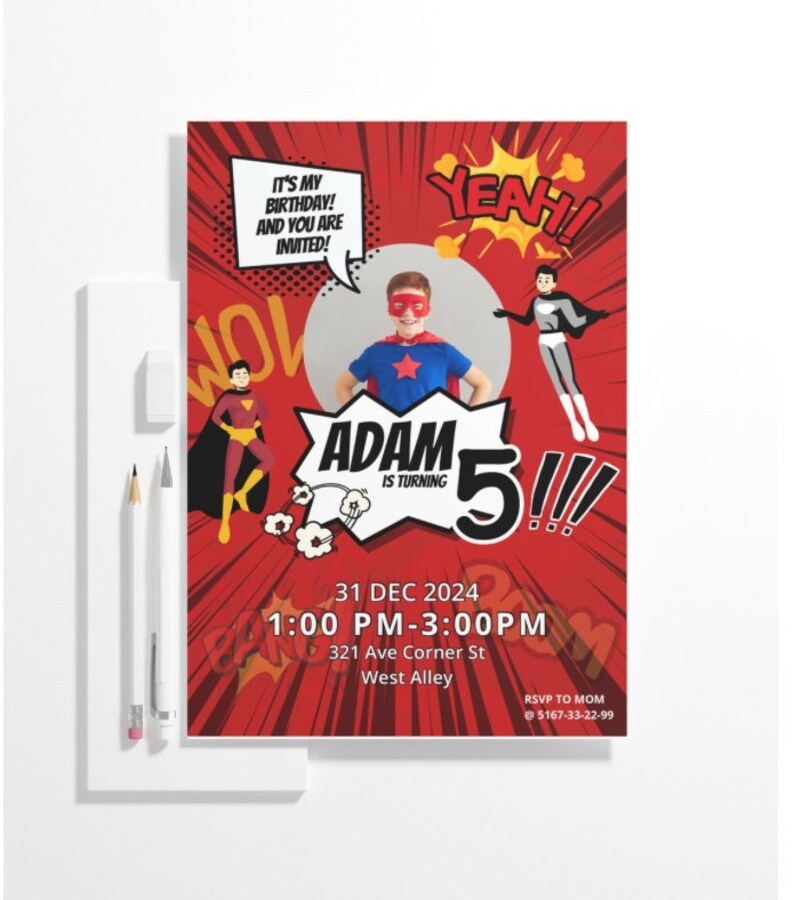 Superhero Invitation Birthday Card Digital Template Editable Superhero ...