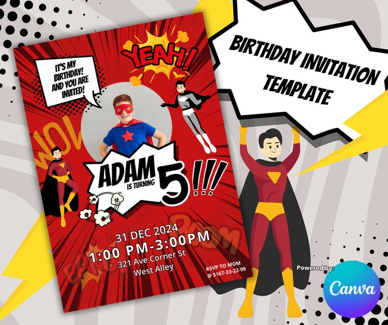 Superhero Invitation Birthday Card Digital Template Editable Superhero ...
