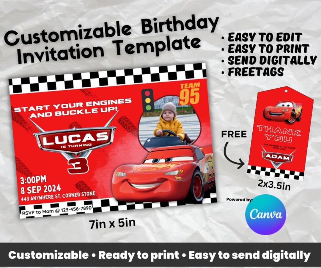 Red Lightning Racecar Birthday Invitation Printable Red Cars Birthday ...