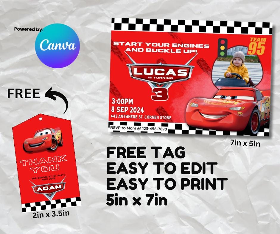 Red Lightning Racecar Birthday Invitation Printable Red Cars Birthday ...