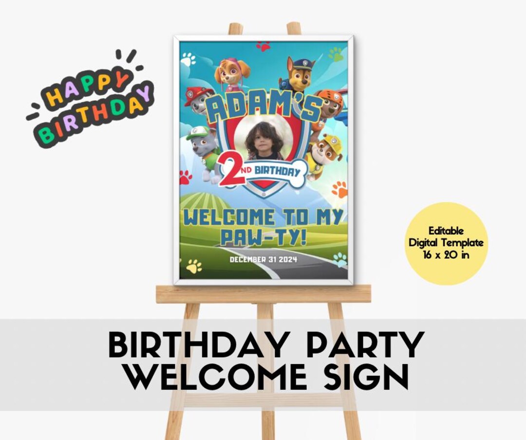 Paw Patrol Welcome Sign Board for Kids Birthday Party Editable Welcome ...