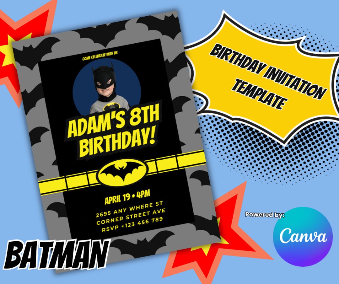 Printable Batman Themed Birthday Invitation Card Editable Batman ...