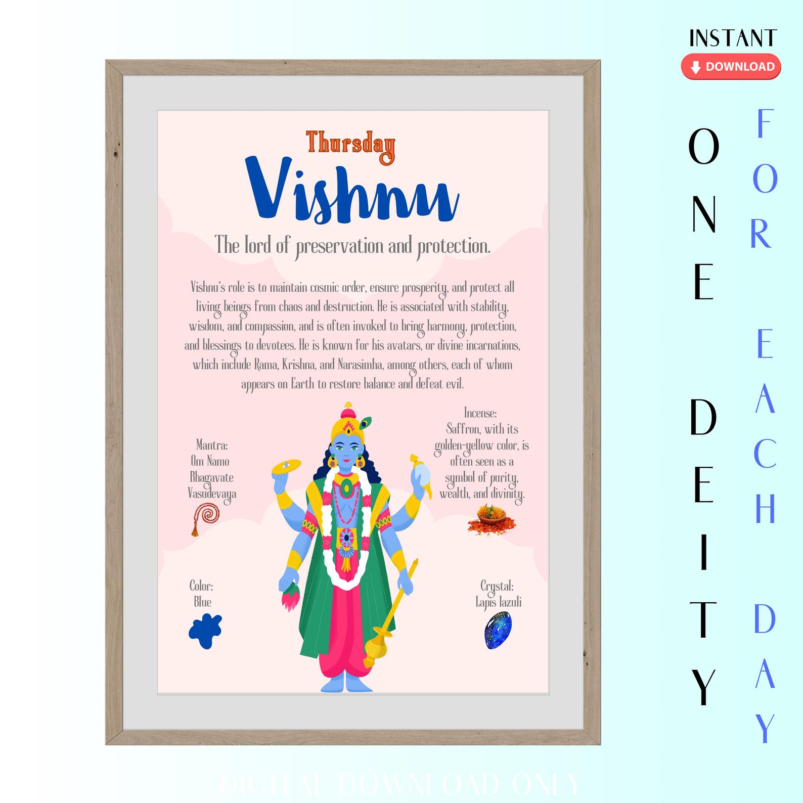 One Deity for Each Day - Hindu Deity Wall Art Set - 7 Digital Artworks ...