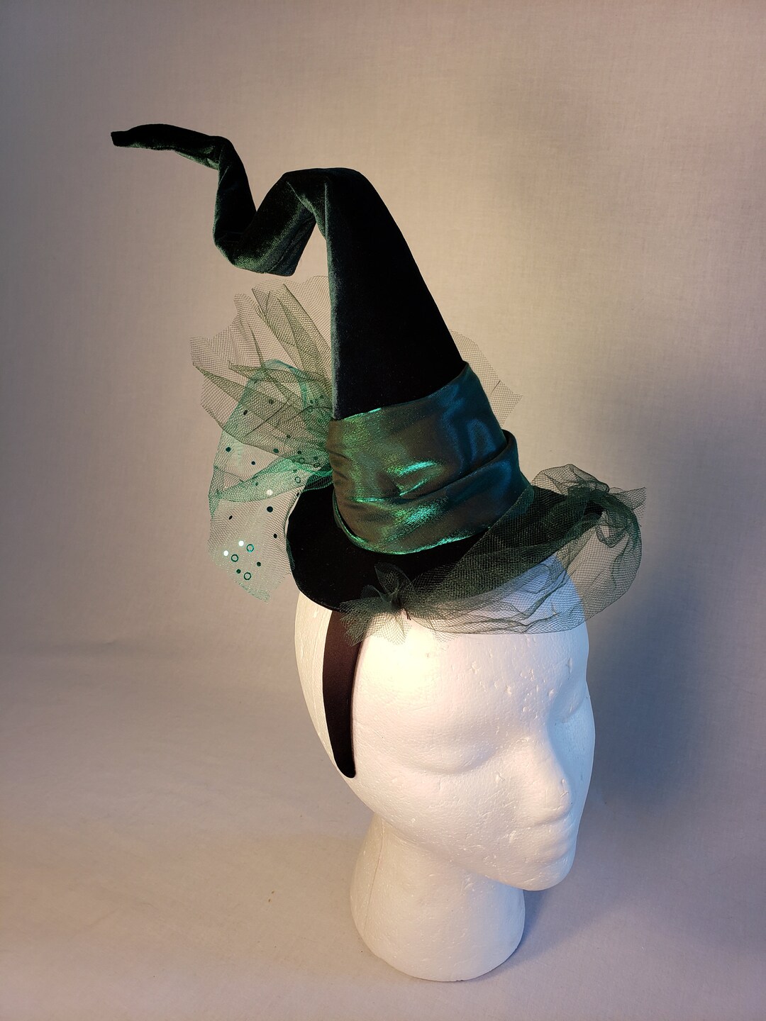 Witch Hat Miniature Fascinator Head Band Green Velvet Metallic Pleated ...