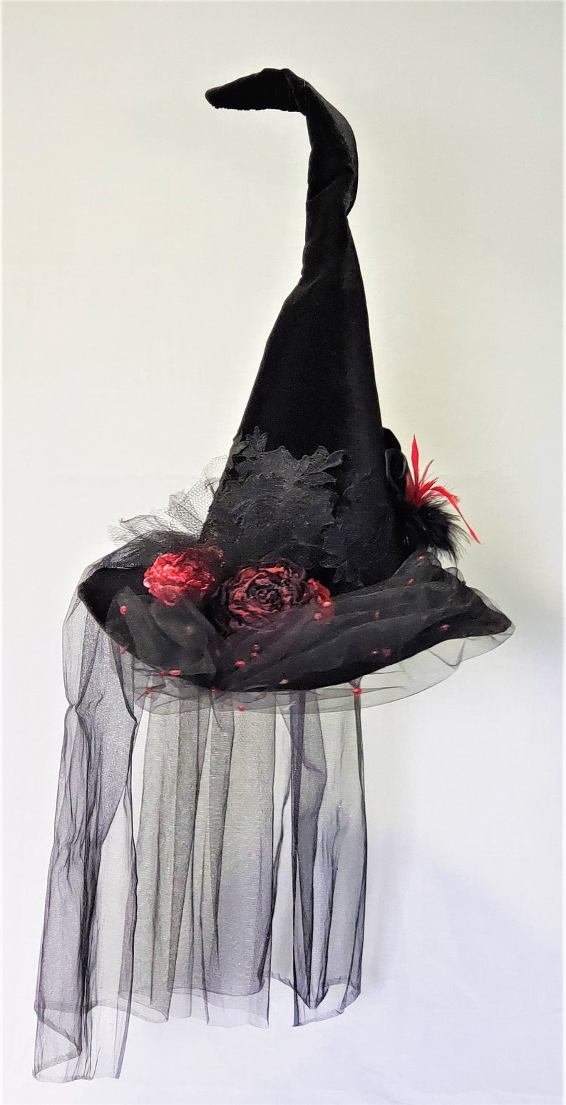 Witch Hat Black Velvet Red Flowers Veils Feathers Lace Band - Etsy