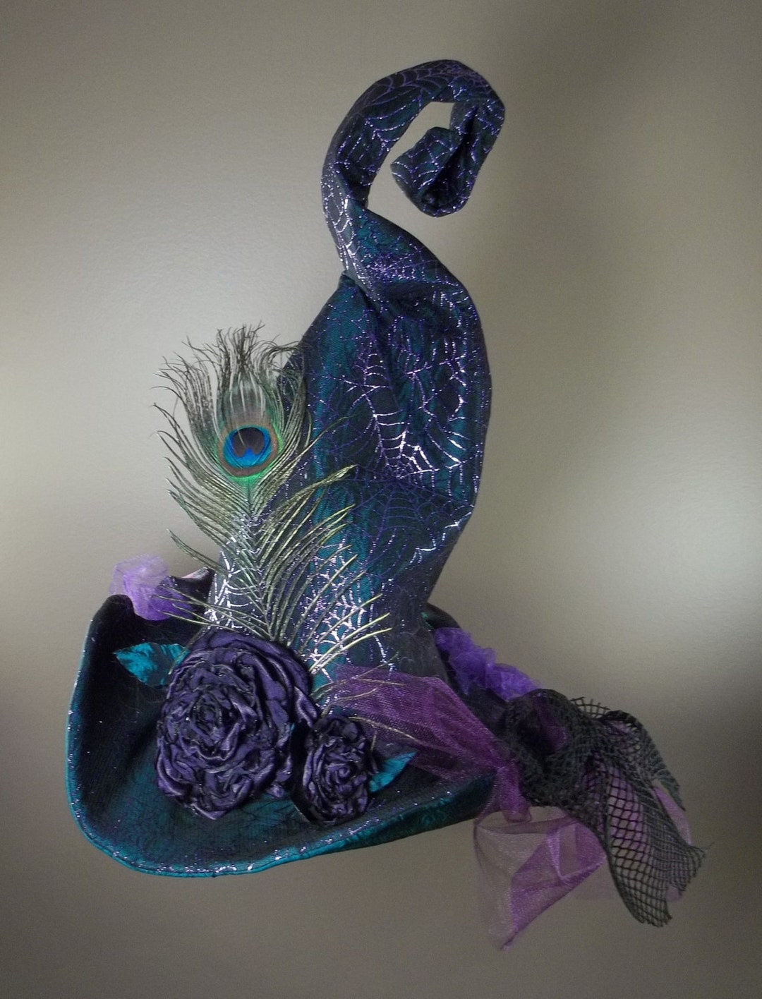 Witch Hat Blue Metallic Spiderweb Green Purple Peacock Feather Flowers ...