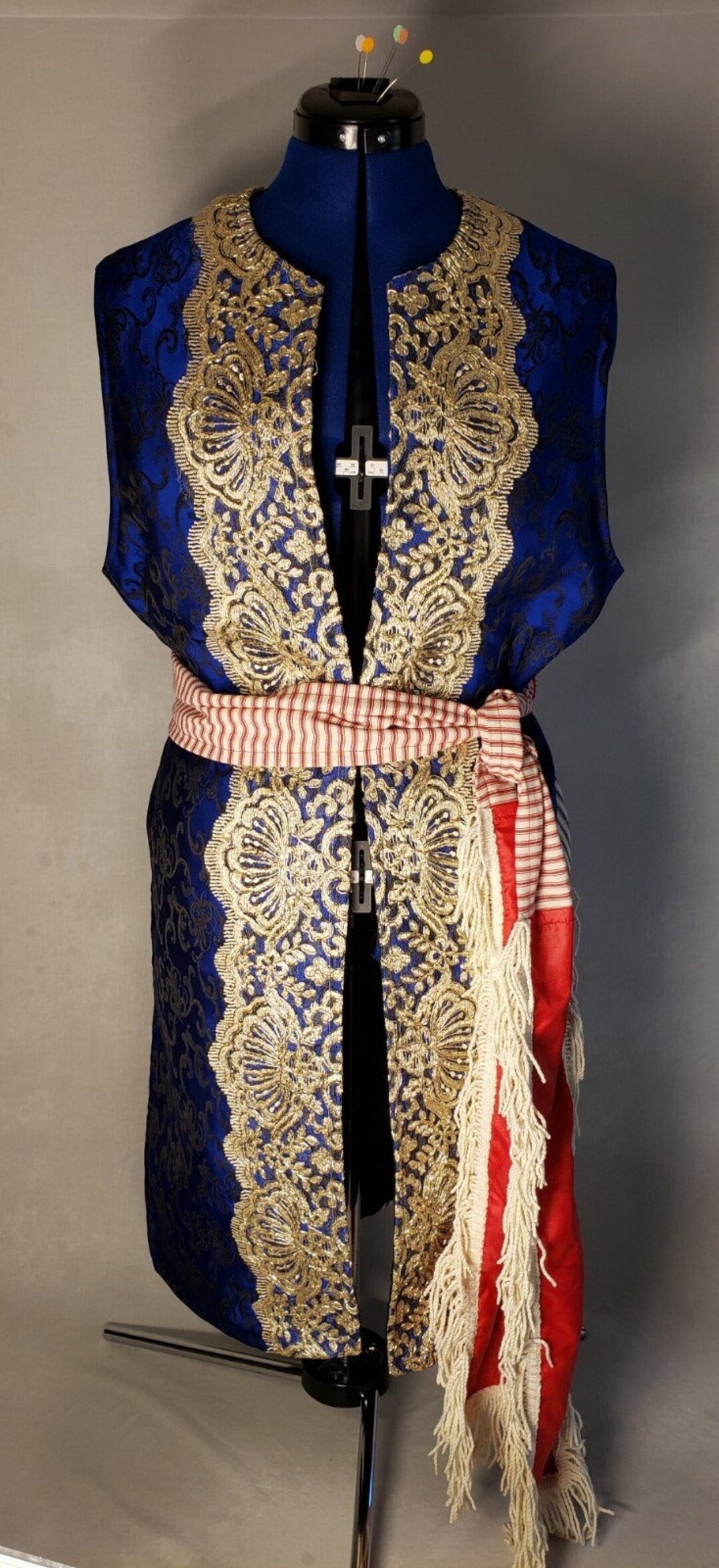 Pirate Vest Long Blue Gold Lace Red Stripe Sash Fringe Captain Hook - Etsy