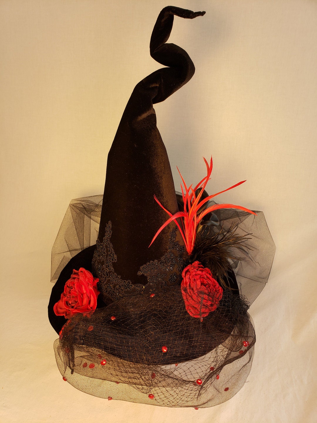 Witch Hat Black Velvet Lace Band Dot Tulle Veils Feathers Red Flowers ...