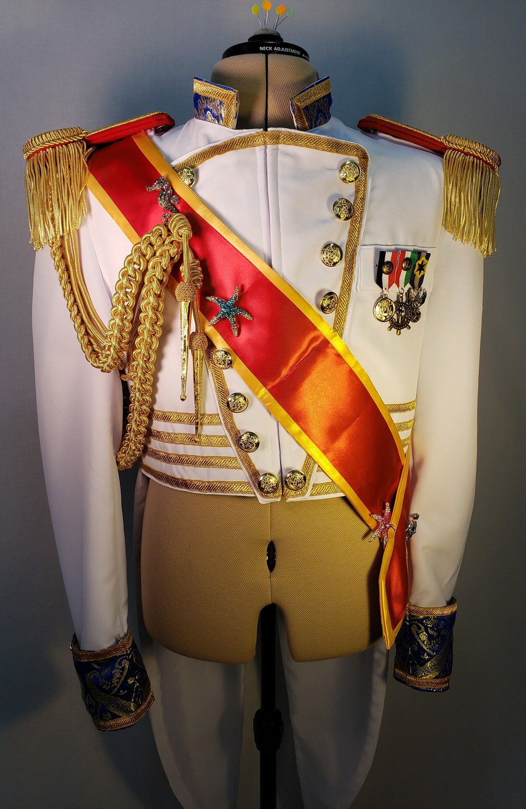 Prince Costume Military Wedding White Jacket Gold Trim Epaulets Sash ...