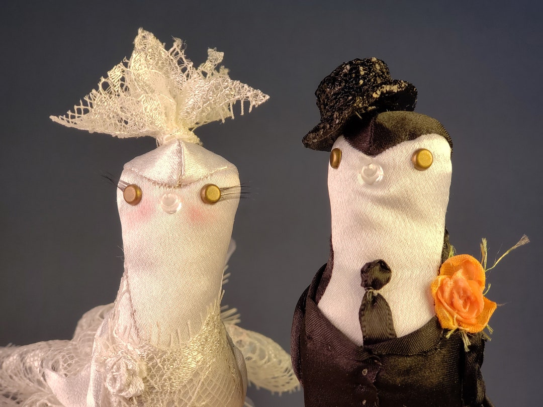 Cake Topper Miniature Birds Bride Groom Lace Dress Veil Lashes Glitter ...