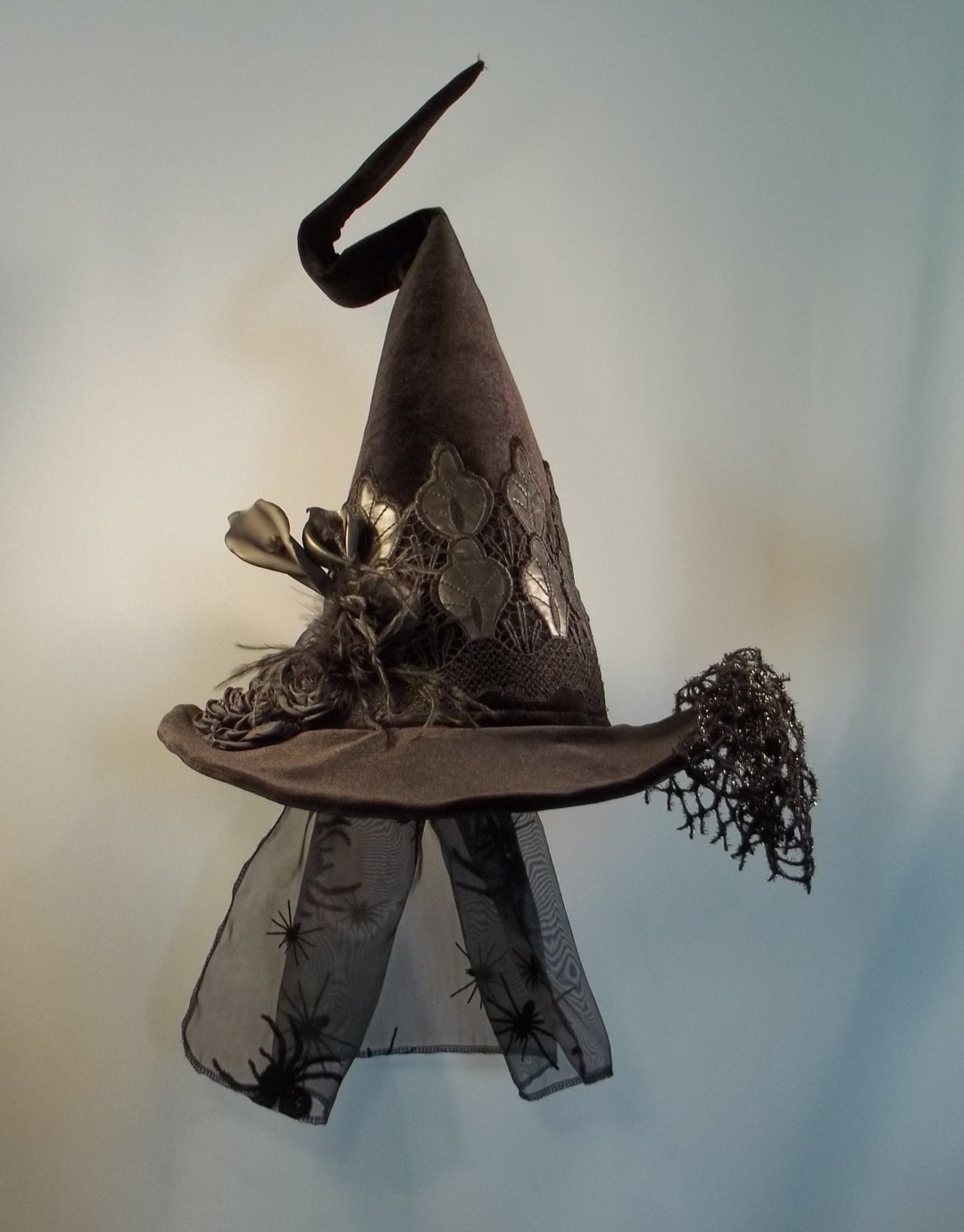 Black Velvet Witch Hat Lace Veil Feather Flower - Etsy UK