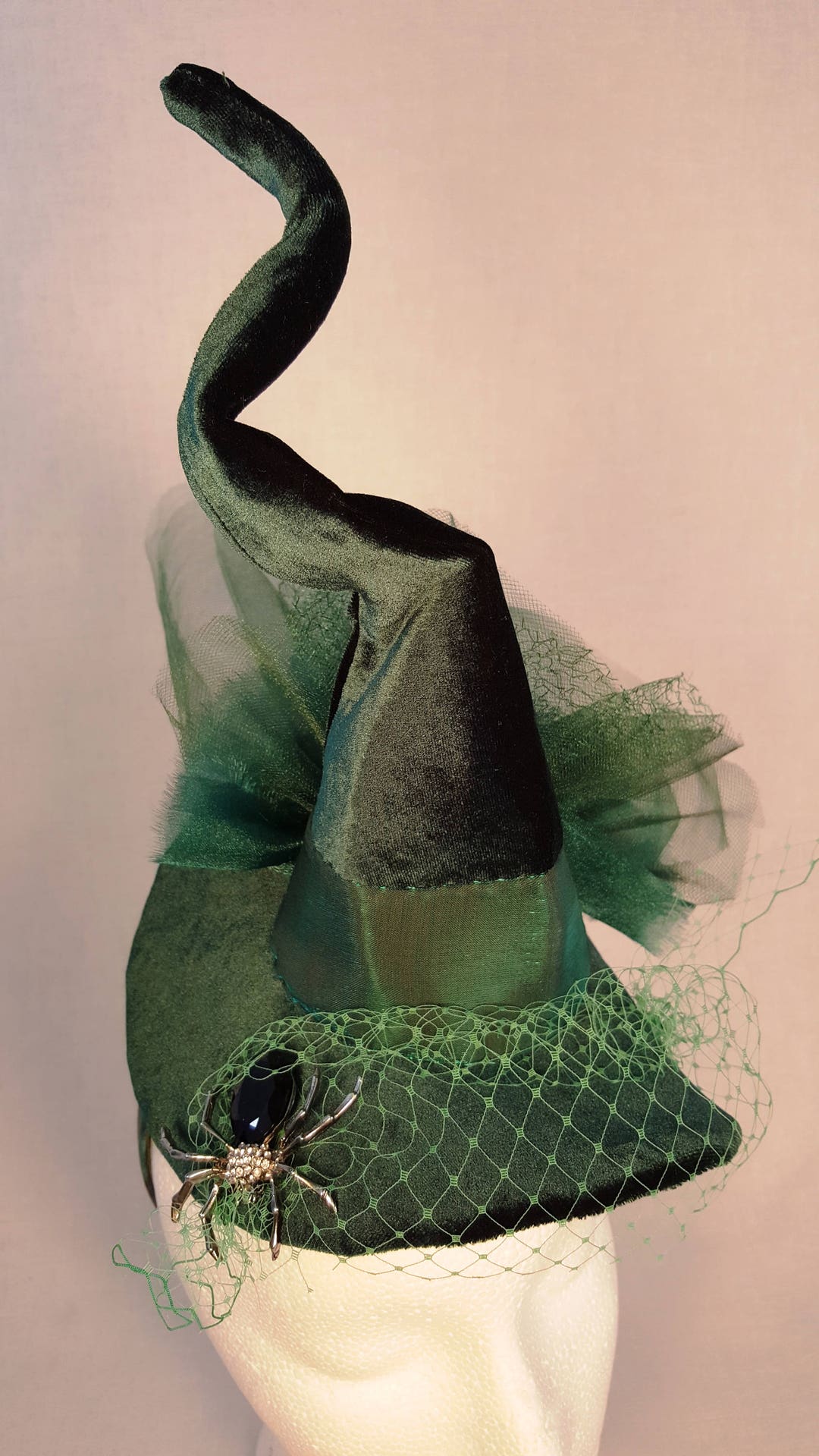 Witch Hat Miniature Fascinator Head Band Green Velvet Birdcage Veil ...