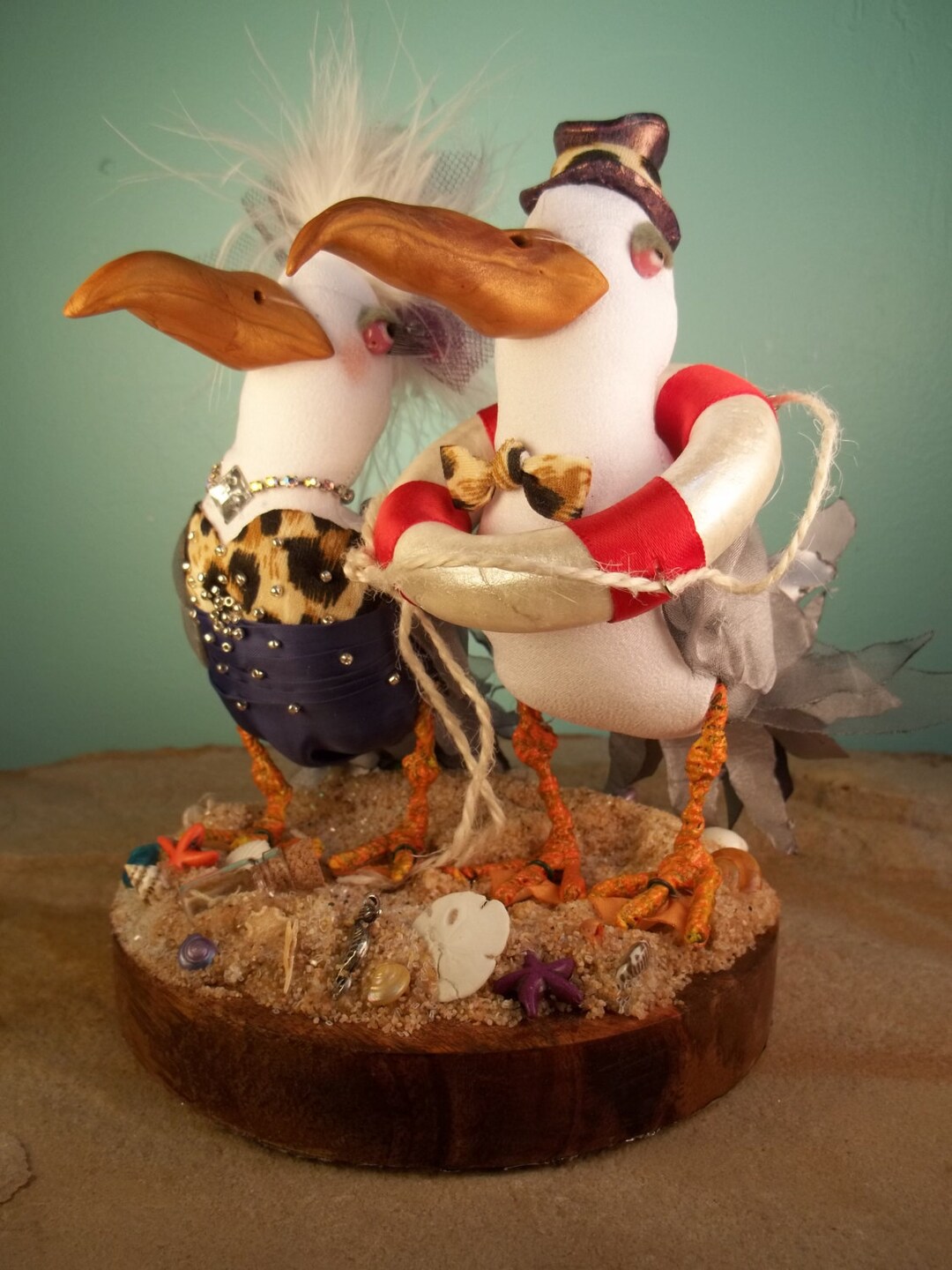 Cake Topper Miniature Birds Bride Groom Seagulls Life Preserver Dress ...